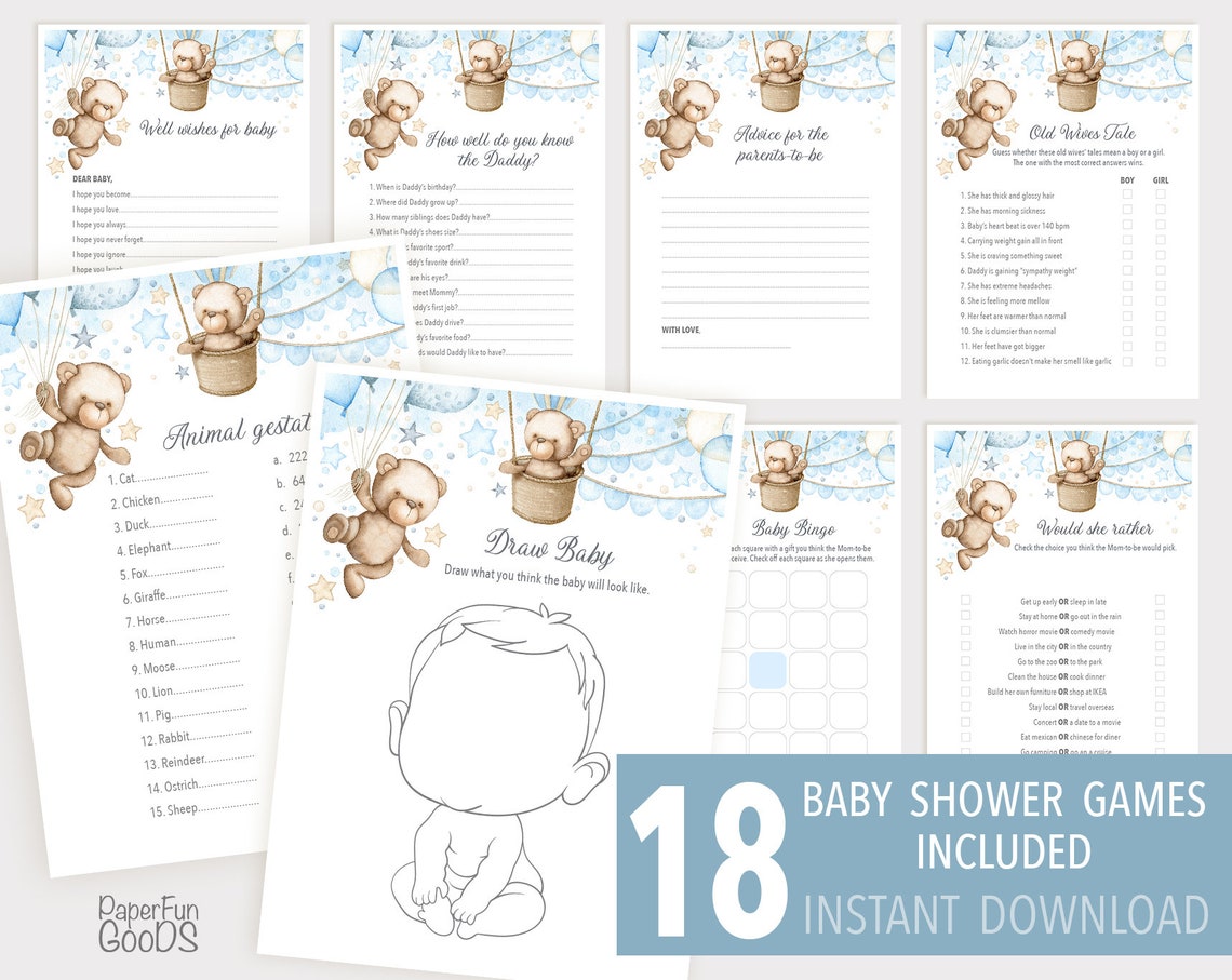 18 Digital Baby Shower Games. Blue Teddy Bear Party. It's a Boy ...