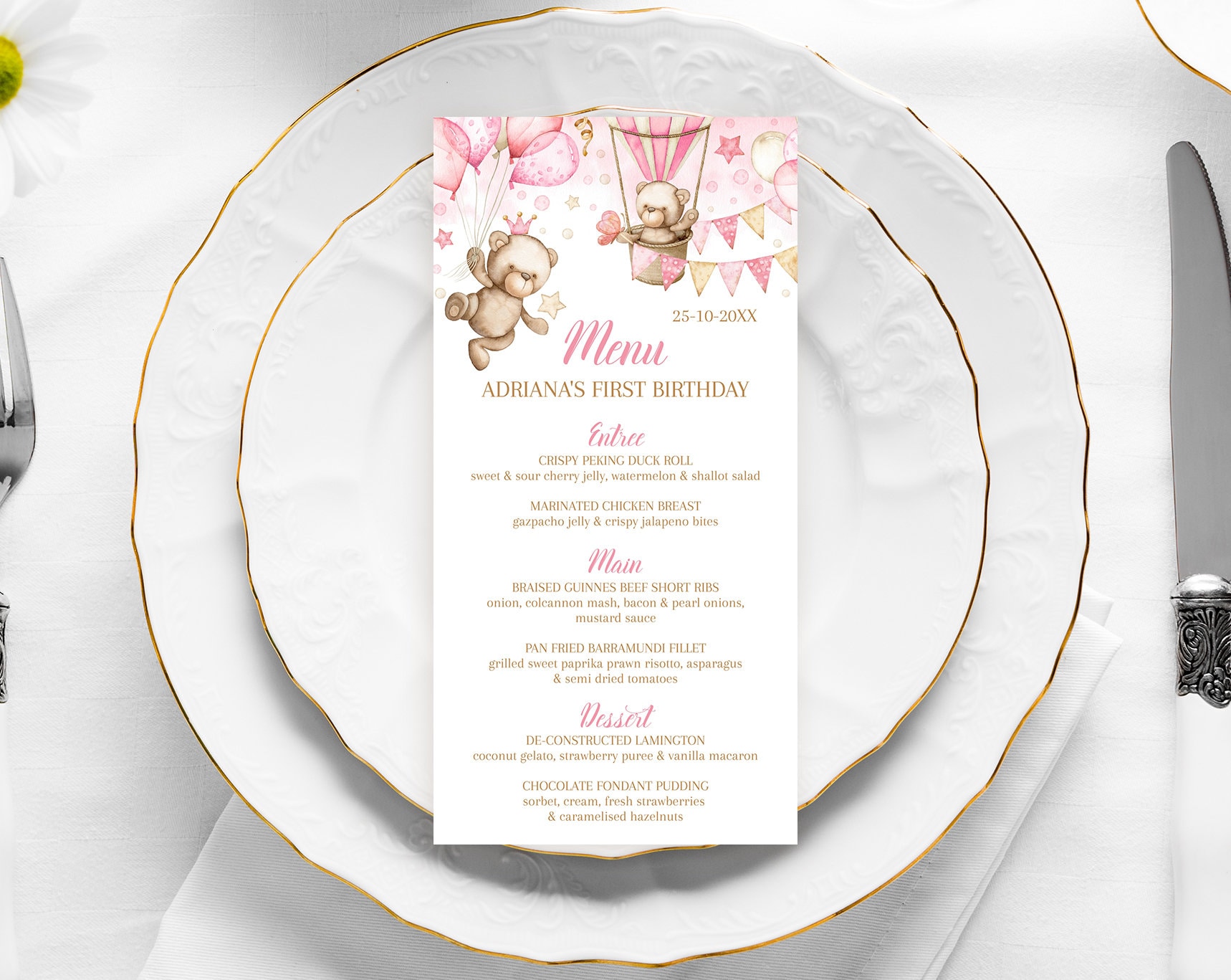 EDITABLE 1st Birthday Menu Card and Table Number. Teddy Bear - Etsy
