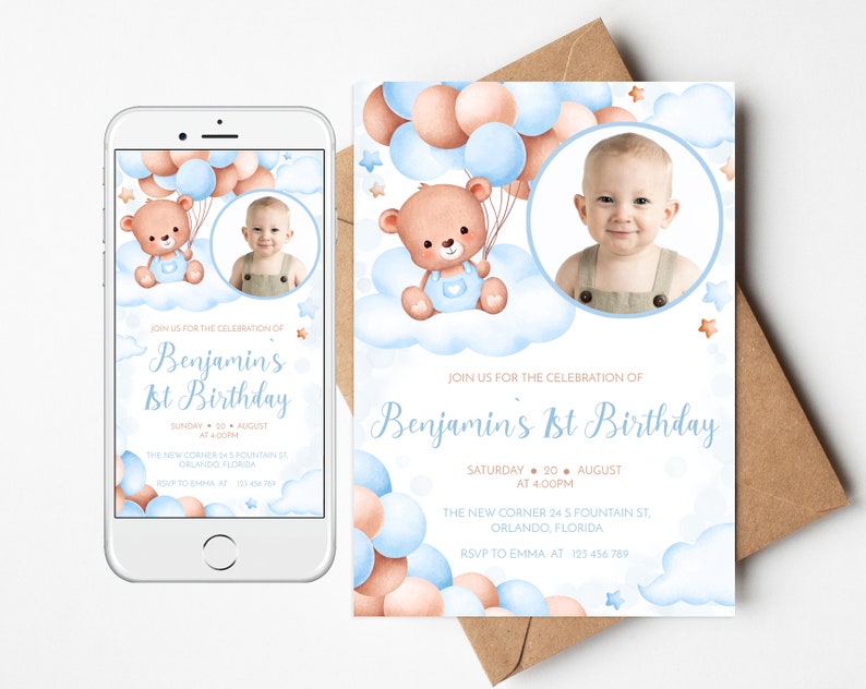 Editable Blue Teddy Bear Birthday Electronic Invitation - Etsy