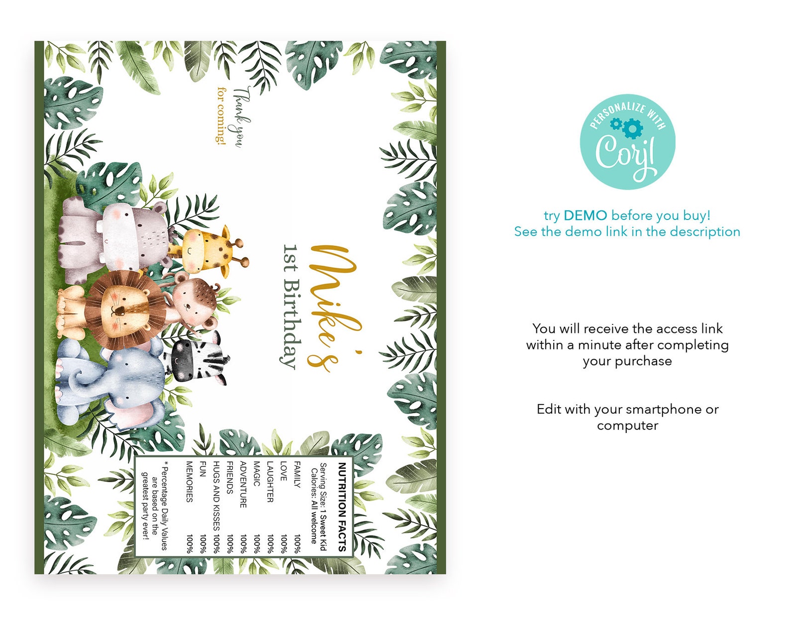 EDITABLE Digital Wild One Chip Bag. Personalized Safari Animals, Jungle ...