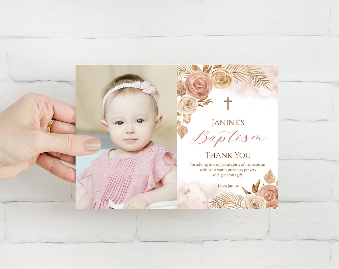 Editable Baptism Thank You Card With Photo. Blush Boho Floral, Dust ...