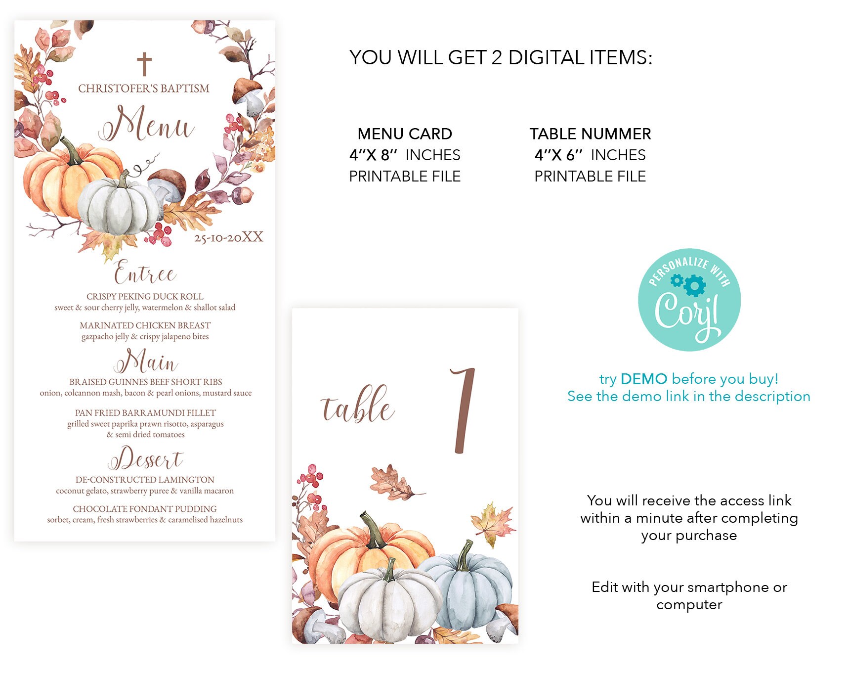 EDITABLE Digital Menu Card and Table Number. Autumn Wreath, Fall ...