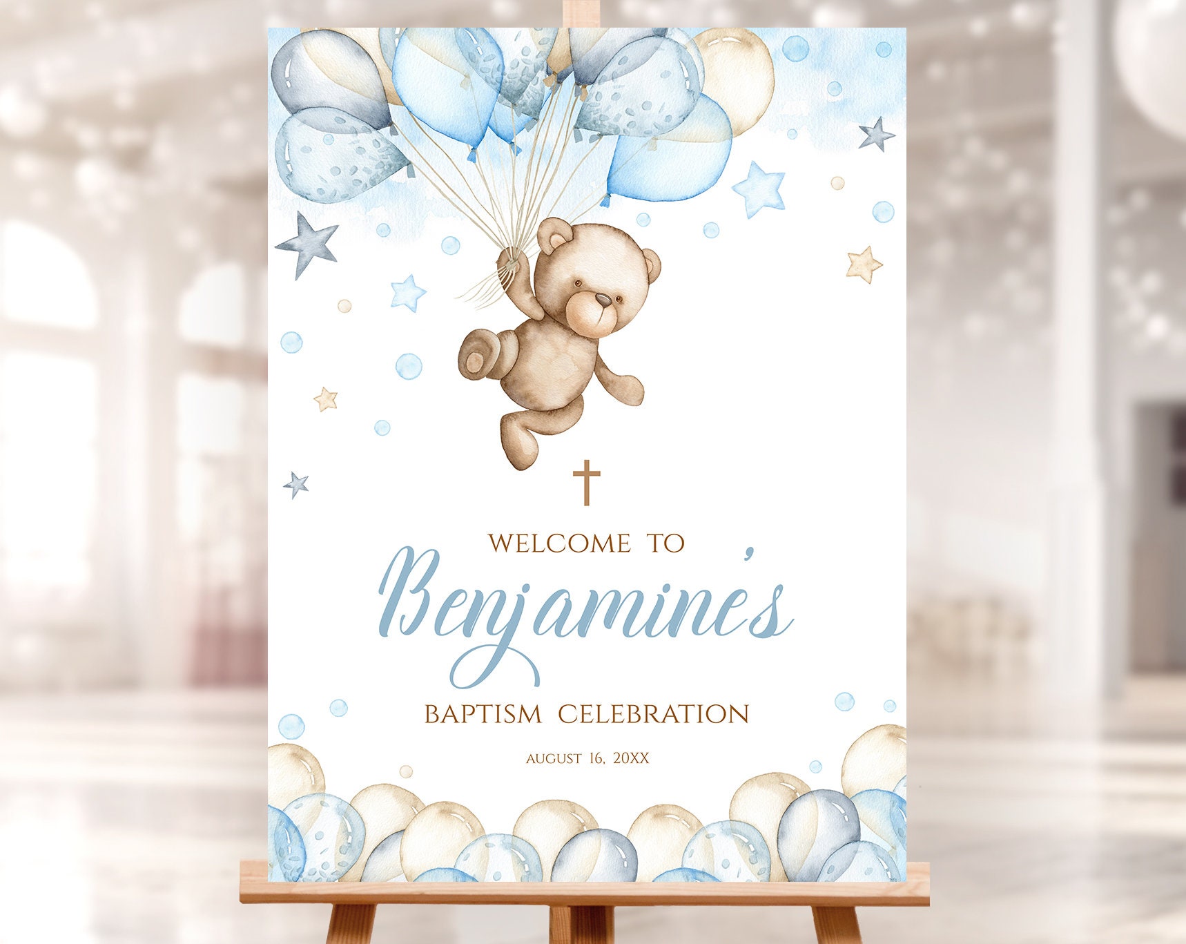 Editable Baptism Welcome Sign. Personalized Boy Blue Teddy Bear, Air ...