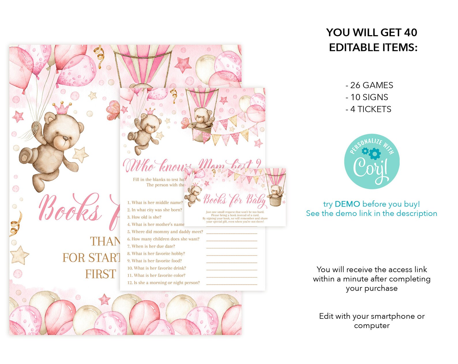18 Digital Baby Shower Games. Pink Teddy Bear, Air Balloon Party. It's ...
