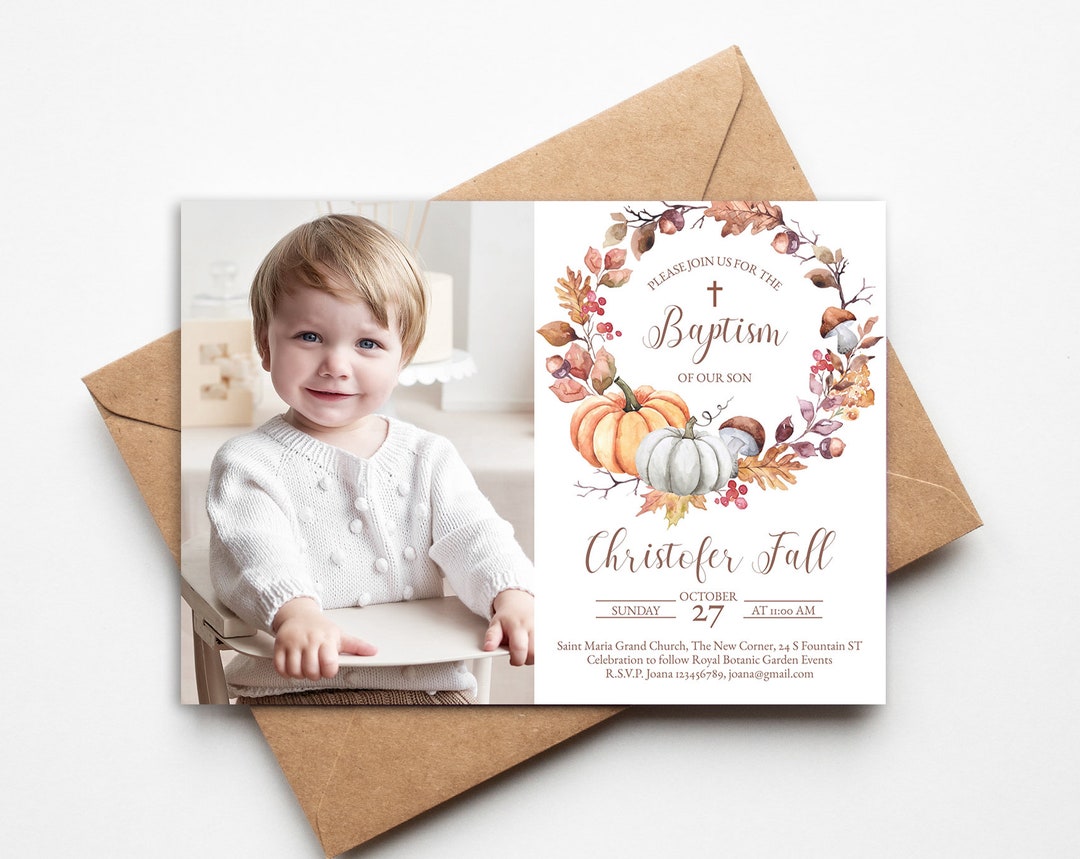 Editable Digital Baptism Invite With Photo Template. Autumn Wreath ...