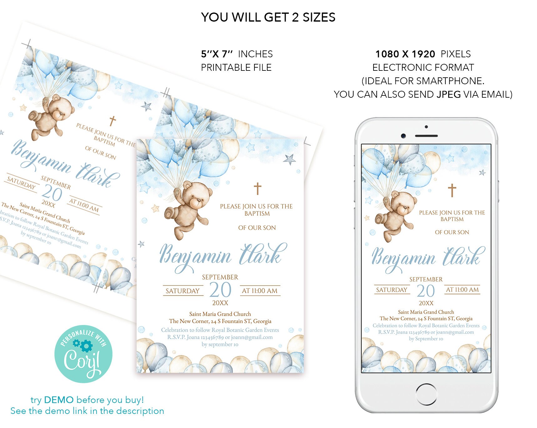 Editable Digital Baptism Invite/evite. Electronic Blue Teddy Bear ...