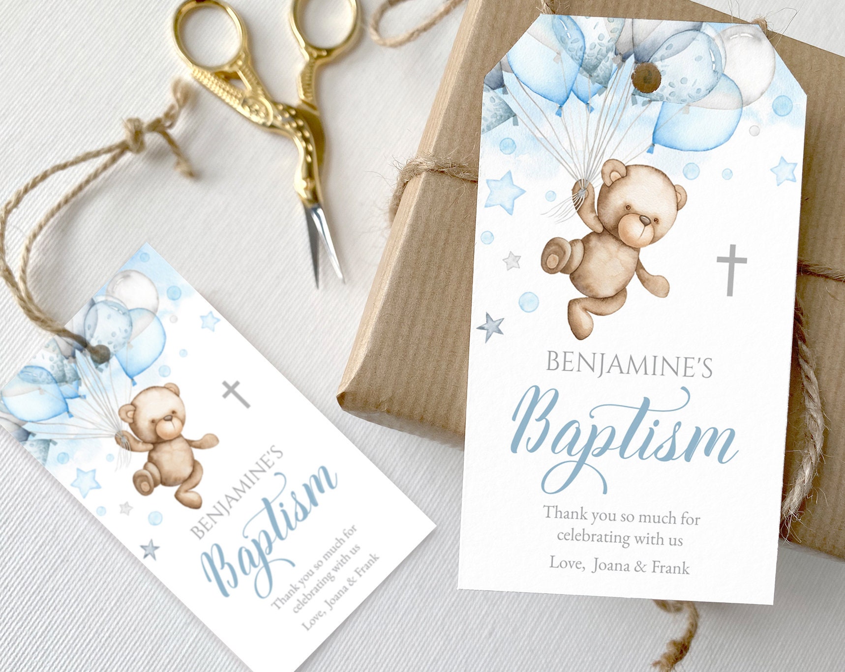 Editable Digital Baptism Thank You Tag. Blue Silver Teddy Bear, Air ...