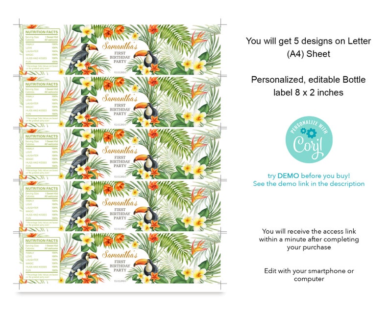 EDITABLE Digital Aloha Hawaii Bottle Label. Personalized Jungle Tropics ...