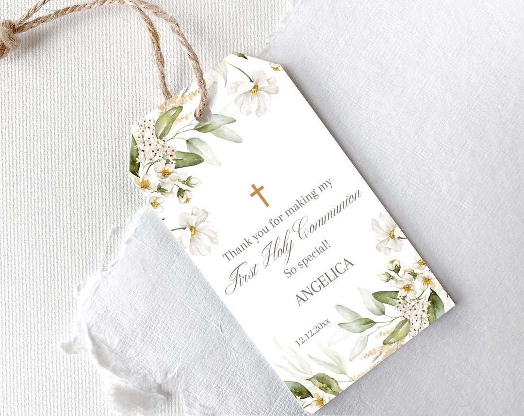 Editable 1st Holy Communion Thank You Tag. Green, White Flowers ...