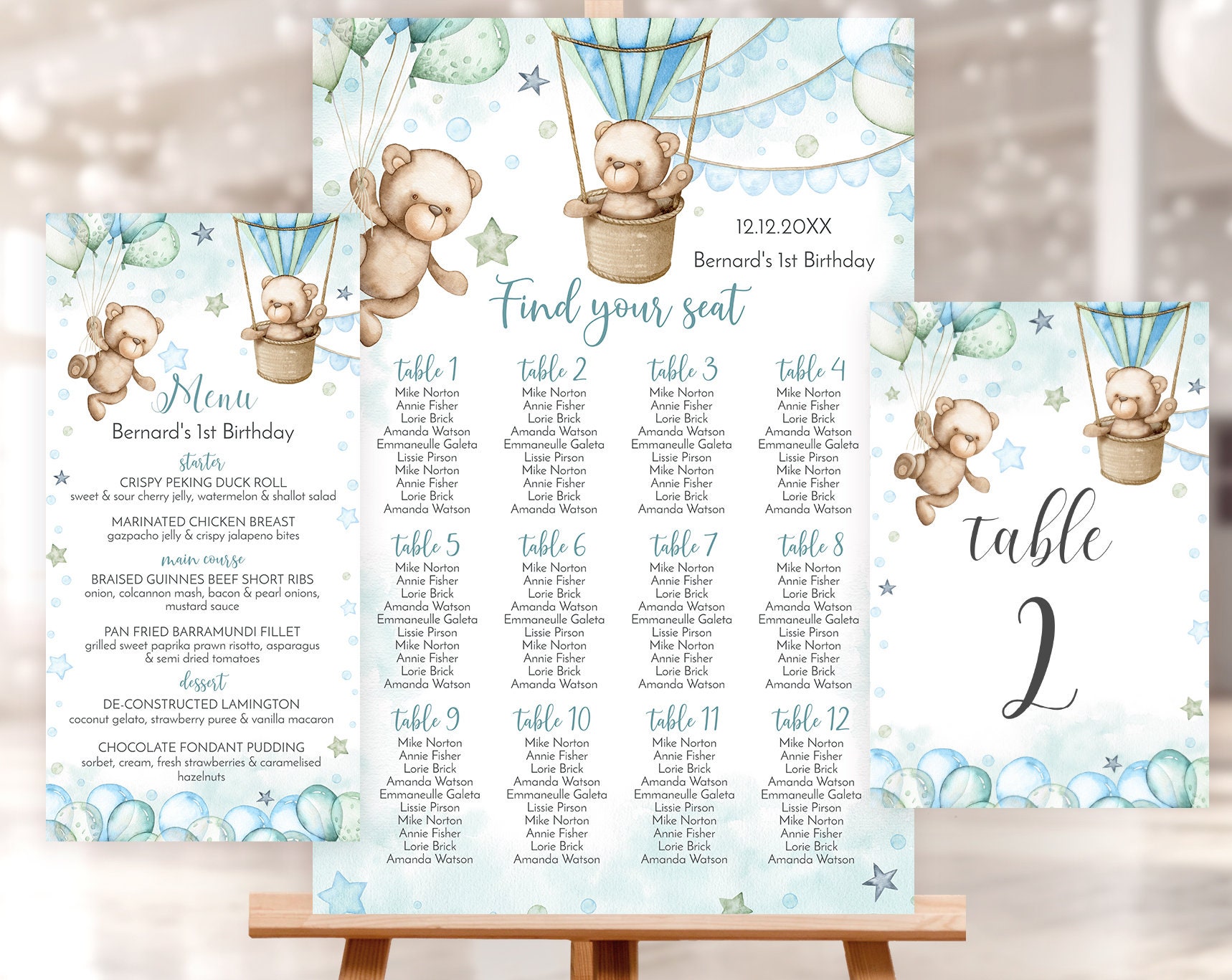 EDITABLE Digital Seating Chart, Menu, Table Number. Green and Blue ...
