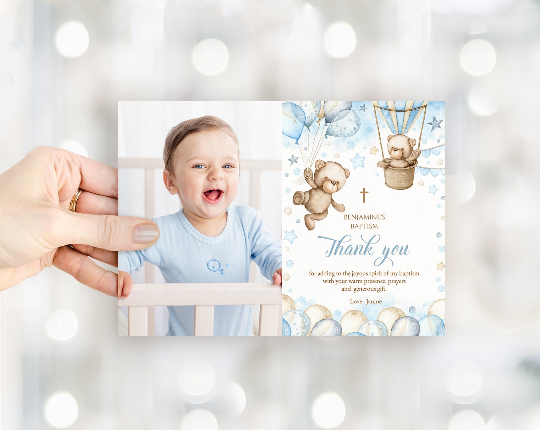 Editable Baptism Thank You Card With Photo. Blue Teddy Bear, Air ...