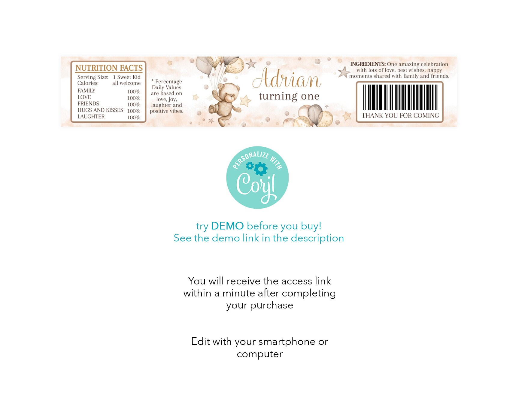 EDITABLE Digital Mini Nutella Jar Label Favor. Nude Teddy Bear ...