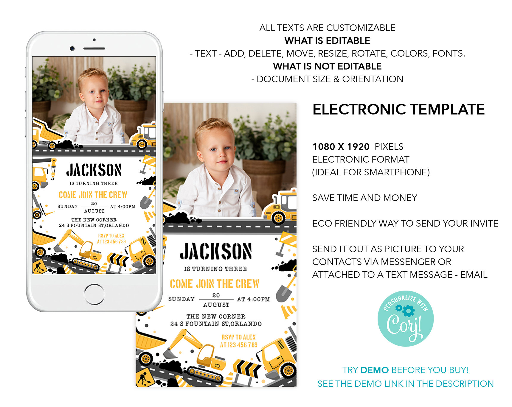 Editable Road Construction Birthday Evite With Photo. Personalized ...