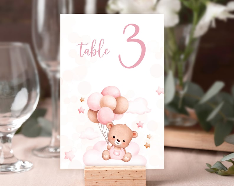 EDITABLE Menu Card and Table Number. Teddy Bear Pink. Personalized Baby ...
