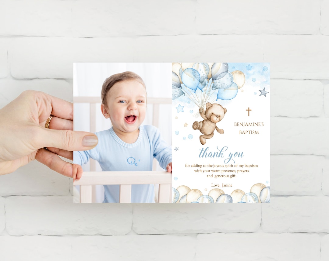 Editable Baptism Thank You Card With Photo. Blue Teddy Bear, Air ...