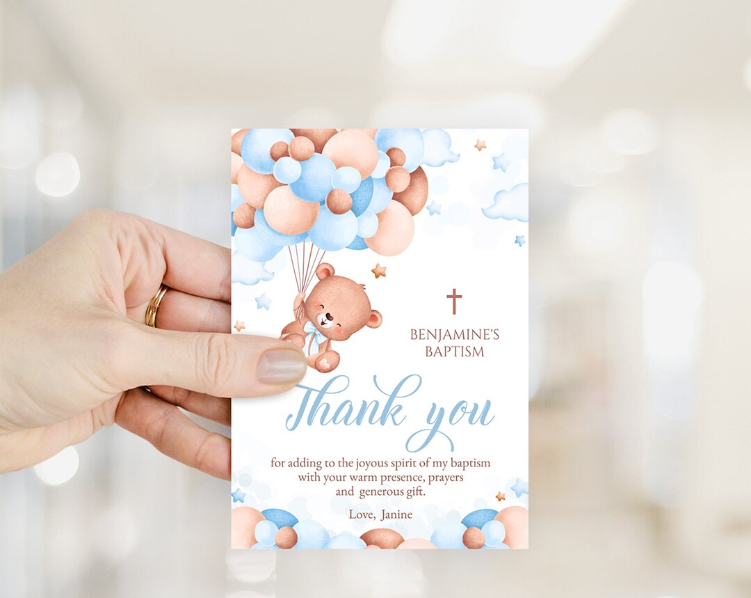 Editable Baptism Thank You Card. Blue Teddy Bear, Air Balloon Decor ...