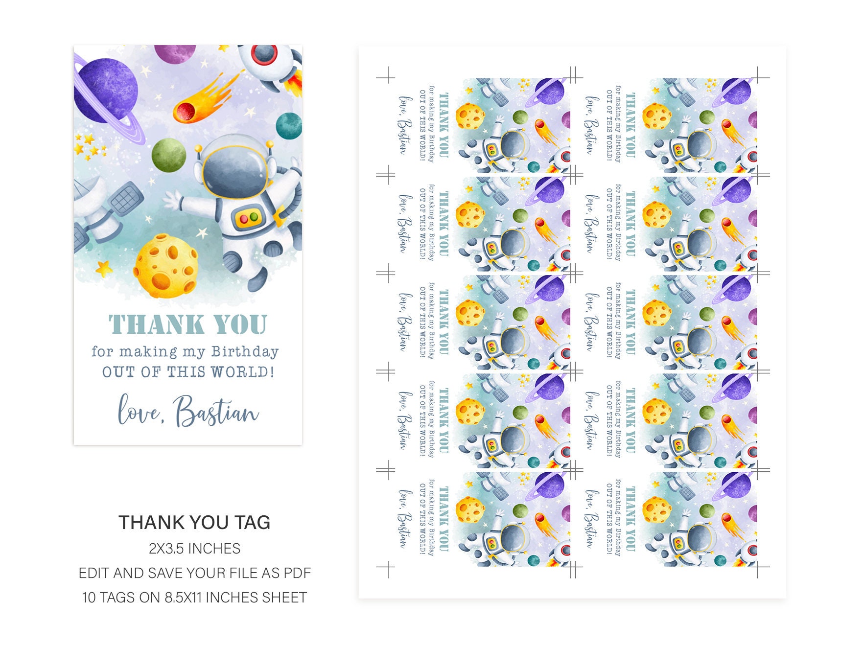 Editable Space Thank You Tag Template. 4th Boy Birthday Astronaut Outer ...