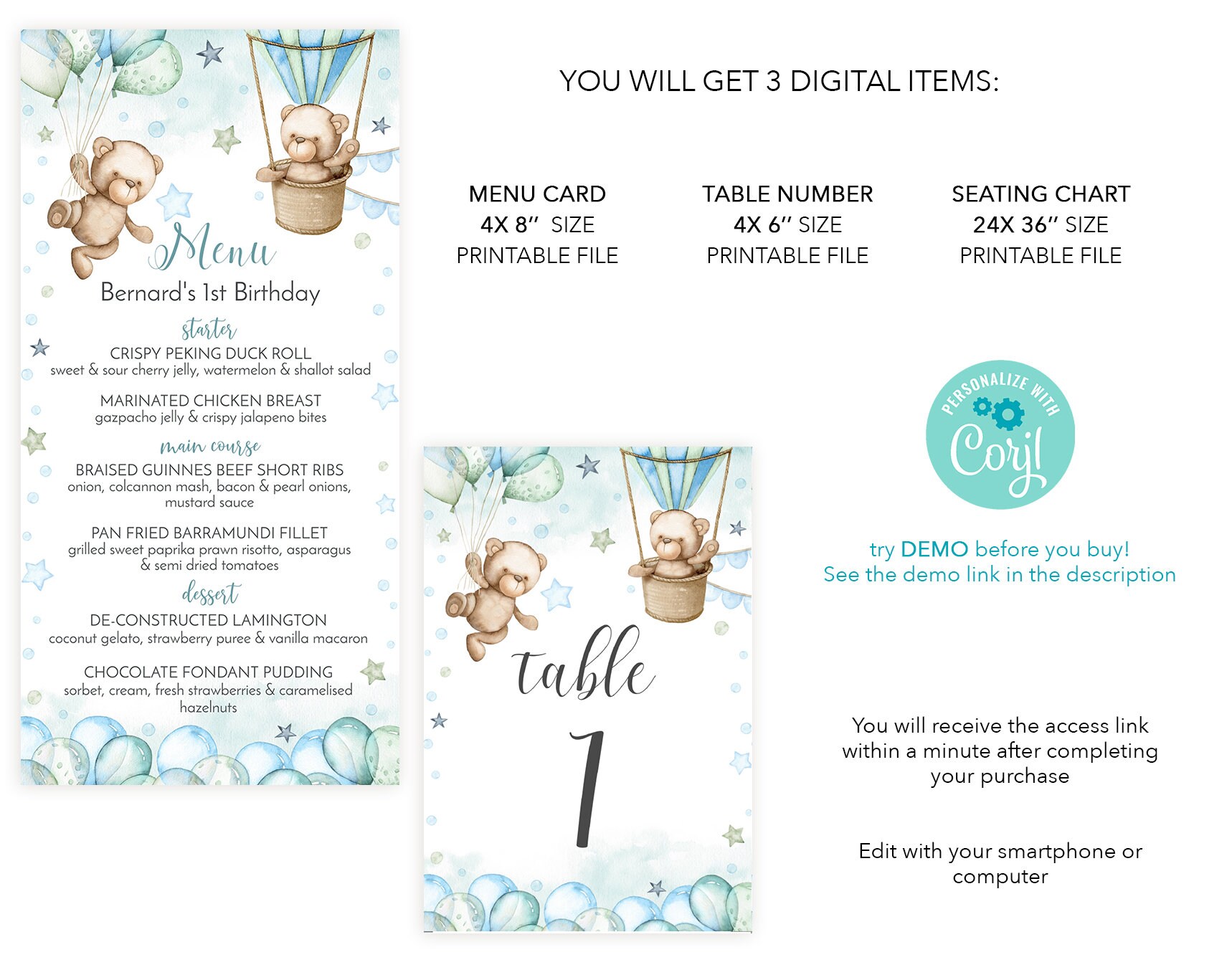 EDITABLE Digital Seating Chart, Menu, Table Number. Green and Blue ...