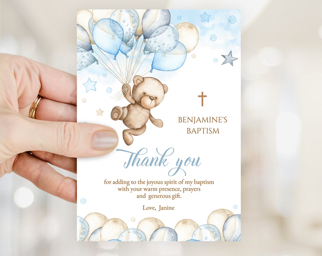Editable Baptism Thank You Card. Blue Teddy Bear, Air Balloon Decor ...