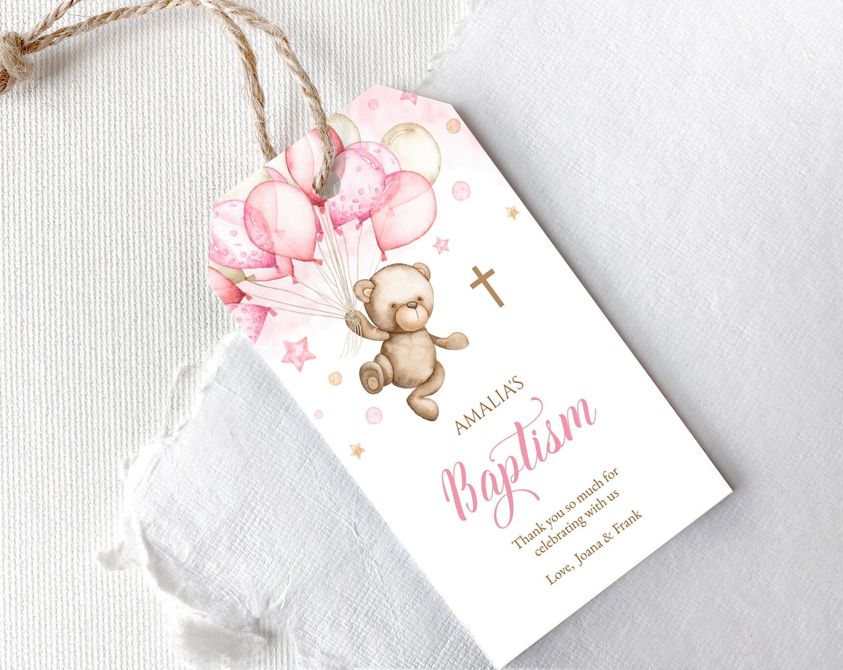 Editable Girl Baptism Bundle. Personalized Pink Beige Teddy Bear, Air ...