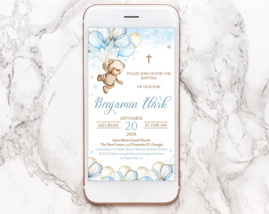 Editable Baptism Evite. Electronic Blue Teddy Bear Invitation, Air ...
