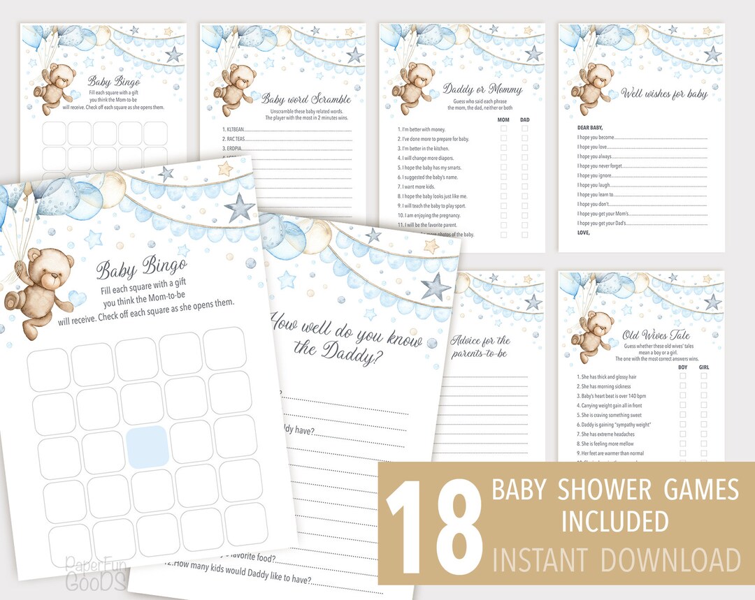 18 Digital Baby Shower Games. Blue Teddy Bear Party. It's a Boy ...