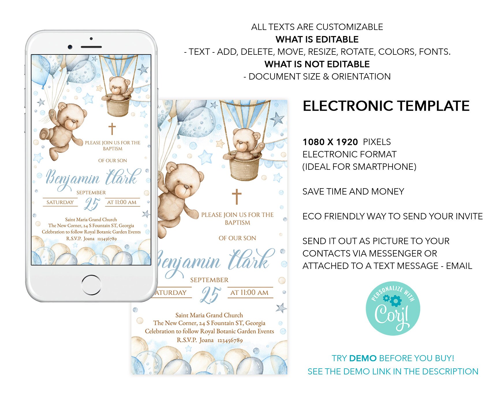 Editable Baptism Invite. Electronic Evite Blue Teddy Bear Invitation ...