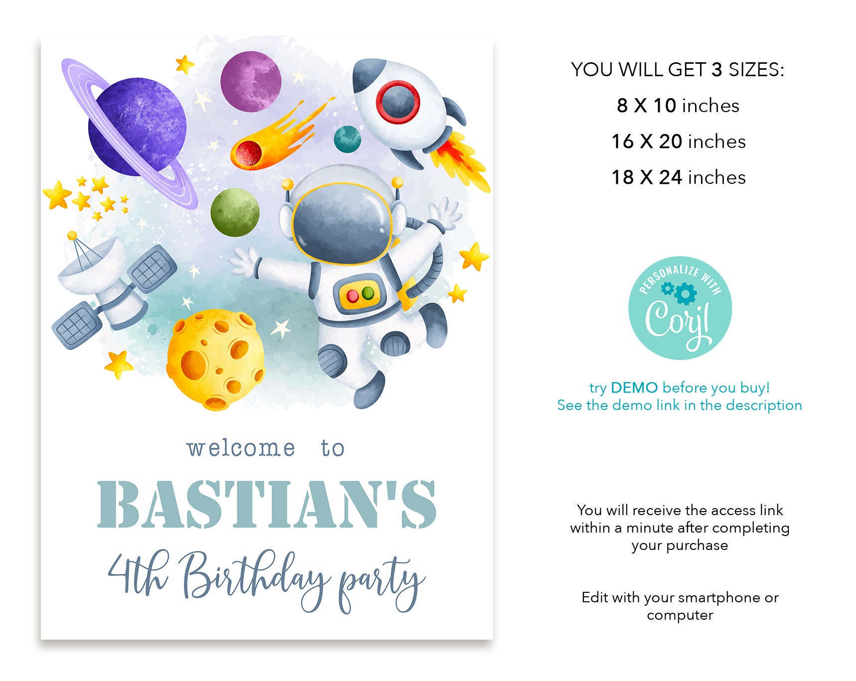EDITABLE Space Birthday Digital Welcome Sign. Boy 4th Astronaut Party ...