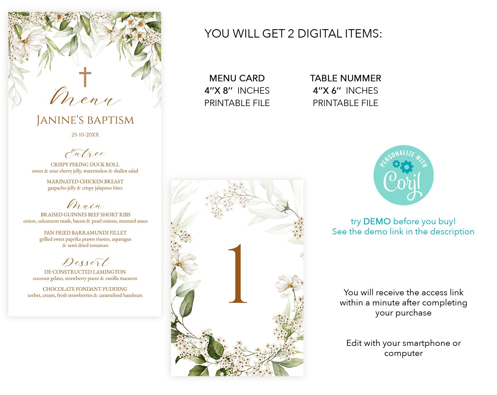 EDITABLE Menu Card and Table Number. Girl Baptism Green, White Flowers ...