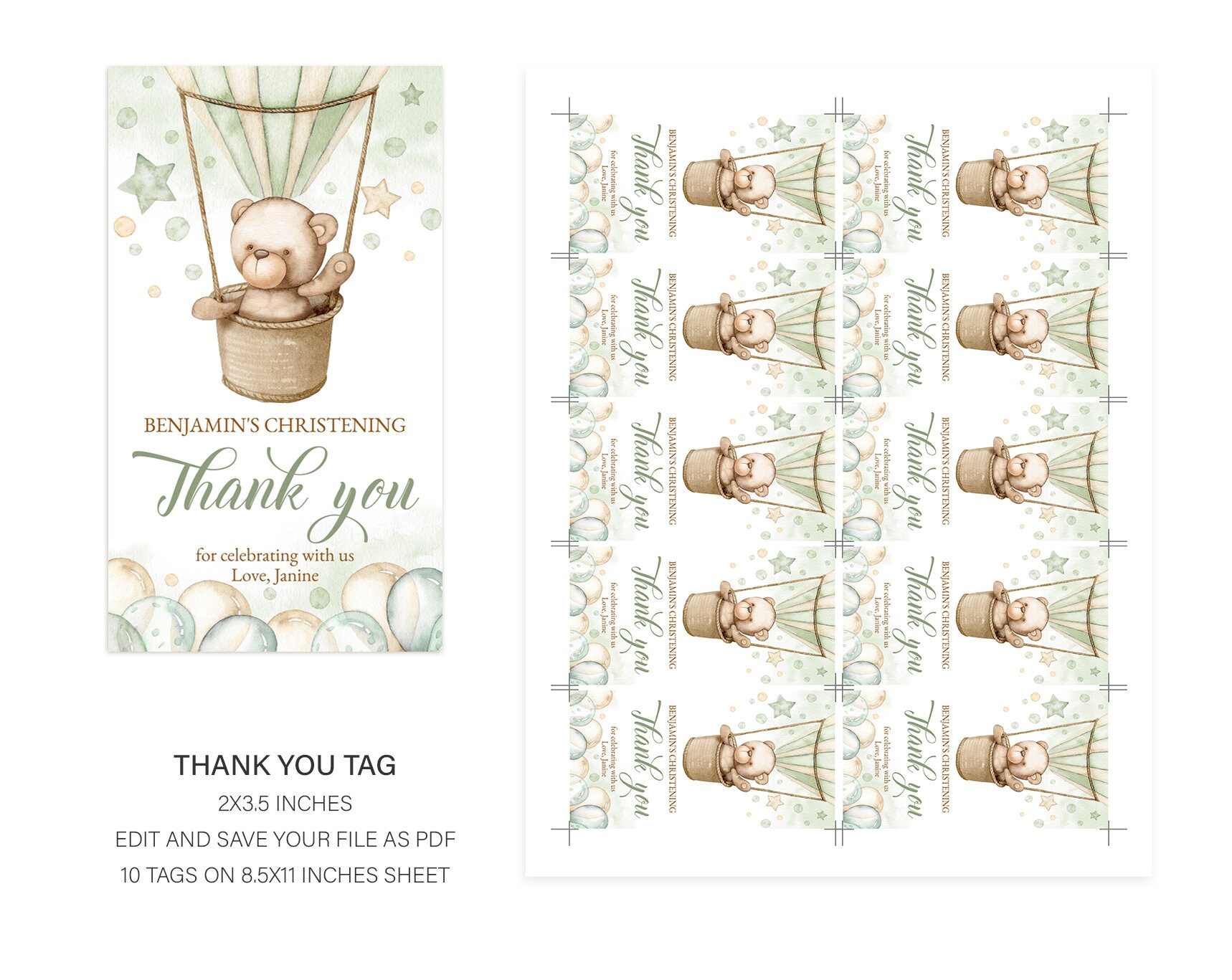 Editable Baptism Thank You Tag. Sage Green Teddy Bear, Air Balloon ...