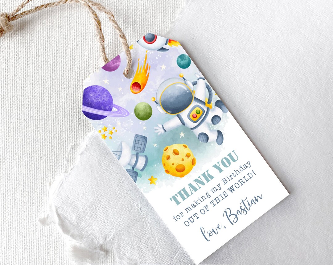 Editable Space Thank You Tag Template. 4th Boy Birthday Astronaut Outer ...