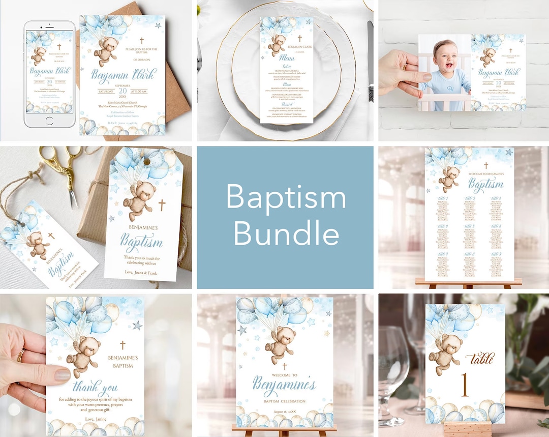 Editable Boy Baptism Bundle. Personalized Blue Beige Teddy Bear, Air ...