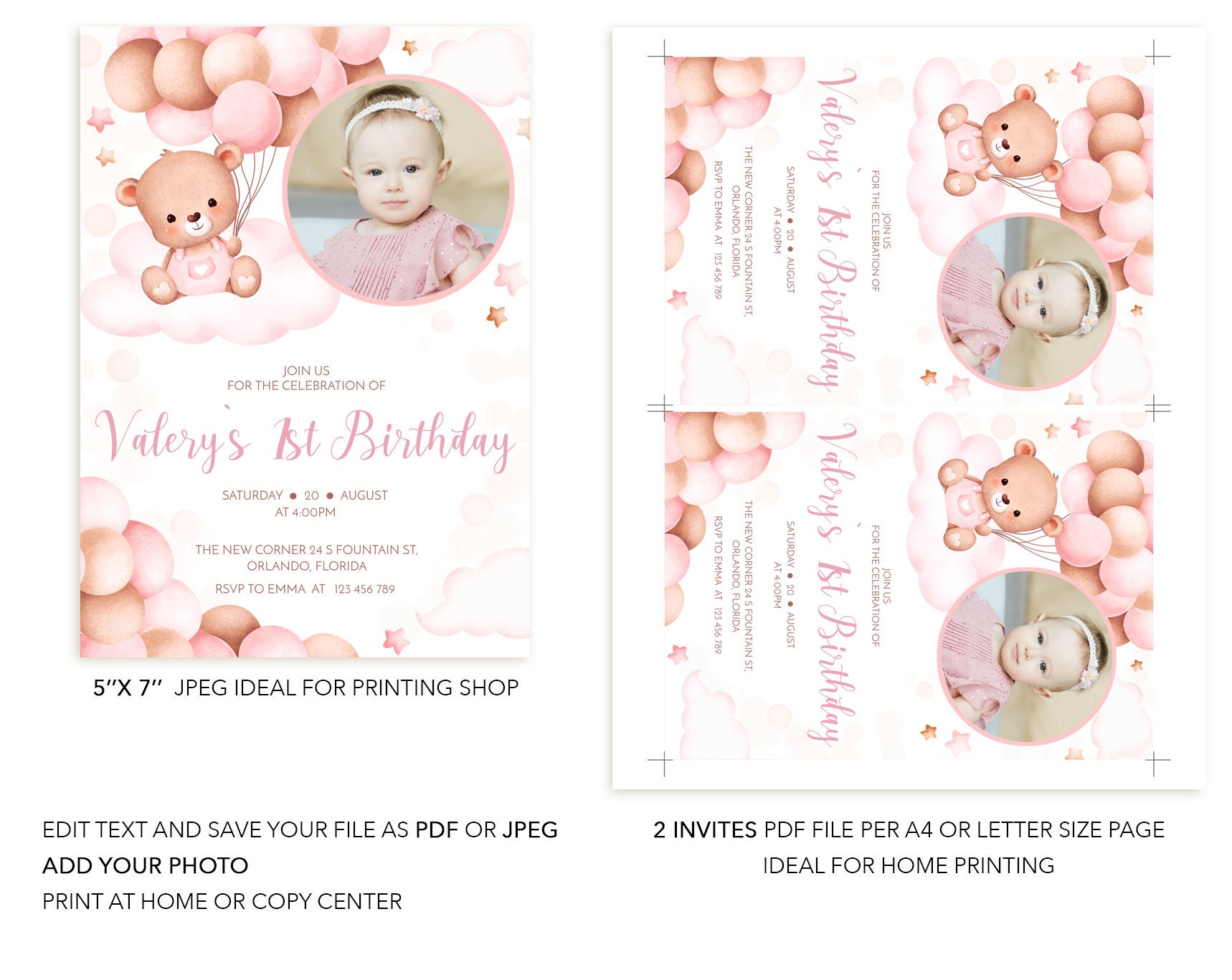 Editable Pink Teddy Bear Birthday Electronic Invitation Template With ...