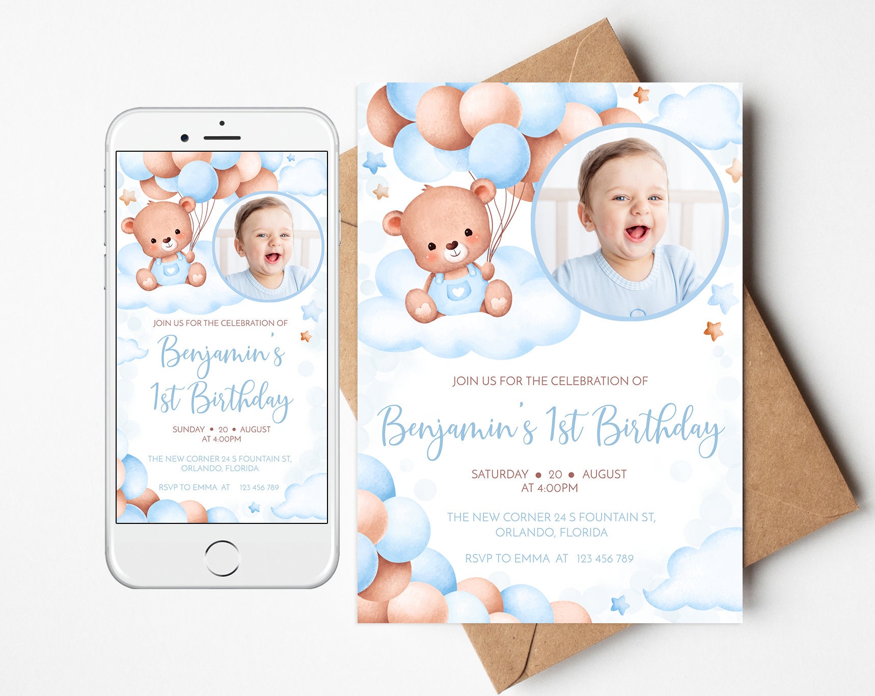 Editable Blue Teddy Bear Birthday Electronic Invitation Template With ...