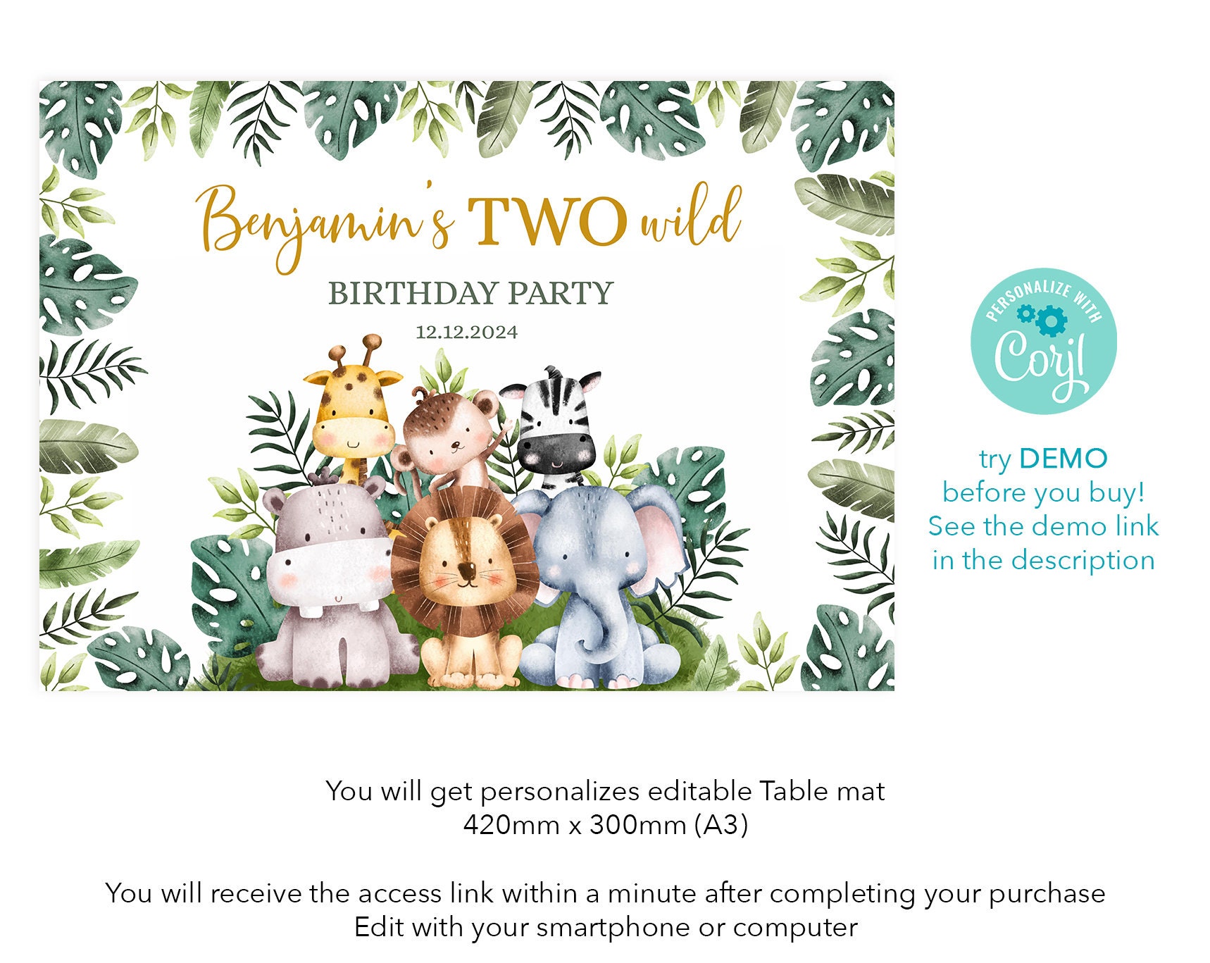 Editable Table Mat Template. Personalized 2nd Baby Boy TWO Wild ...