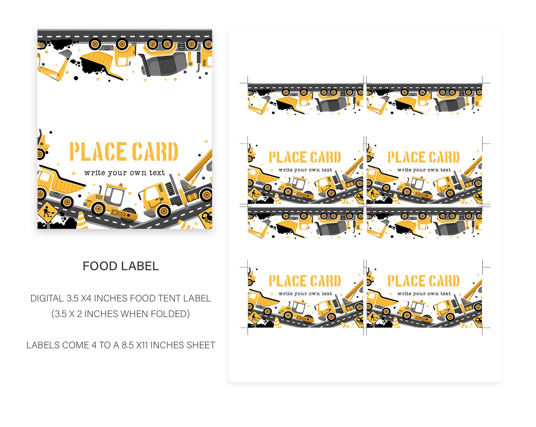 EDITABLE Digital Place Card. Boy Birthday Food Label, Yellow Excavator ...