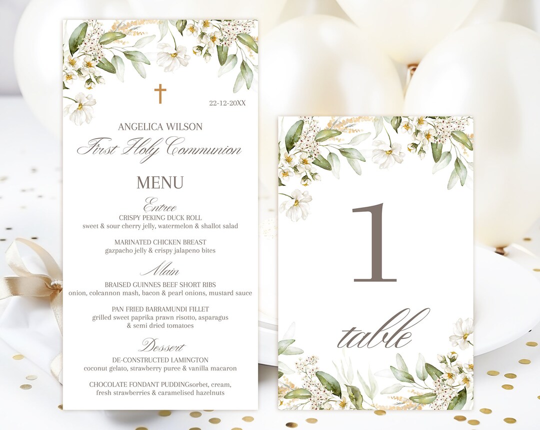 EDITABLE Menu Card and Table Number. 1st Holy Communion, Baptism, Green ...