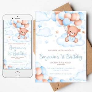 Editable Blue Teddy Bear 1st Birthday Electronic Invitation Template ...