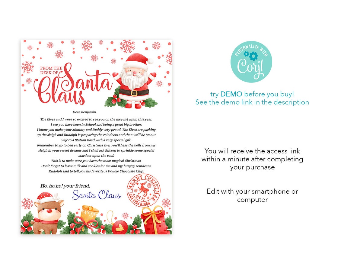 Editable Personalized Letter From Santa Claus. From the Desk of Santa ...