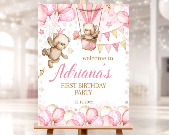 EDITABLE Digital 1st Birthday Welcome Sign. Personalized Baby Girl Birthday Banner. Pink Teddy Bear Air Balloon. PBF Etsy UK