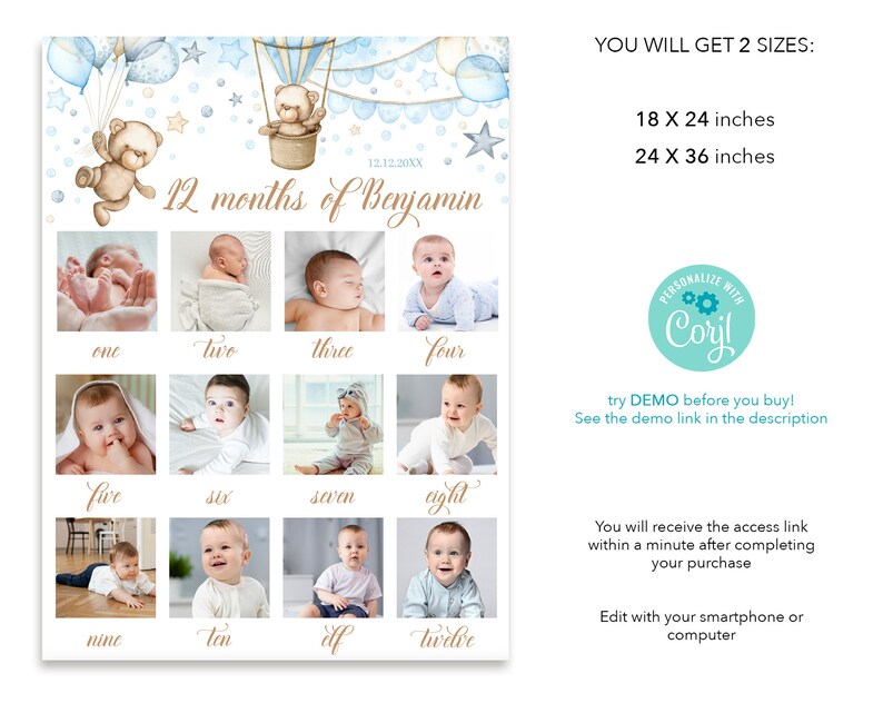 EDITABLE 1st Birthday Photo Banner. Personalized 12months Baby Boy Sign ...