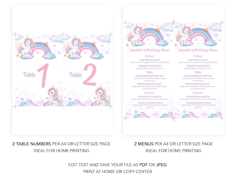 EDITABLE Menu Card and Table Number. Rainbow Unicorn Magical 4th Girl ...