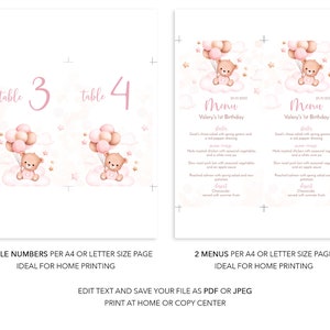 EDITABLE Menu Card and Table Number. Teddy Bear Pink. Personalized Baby ...