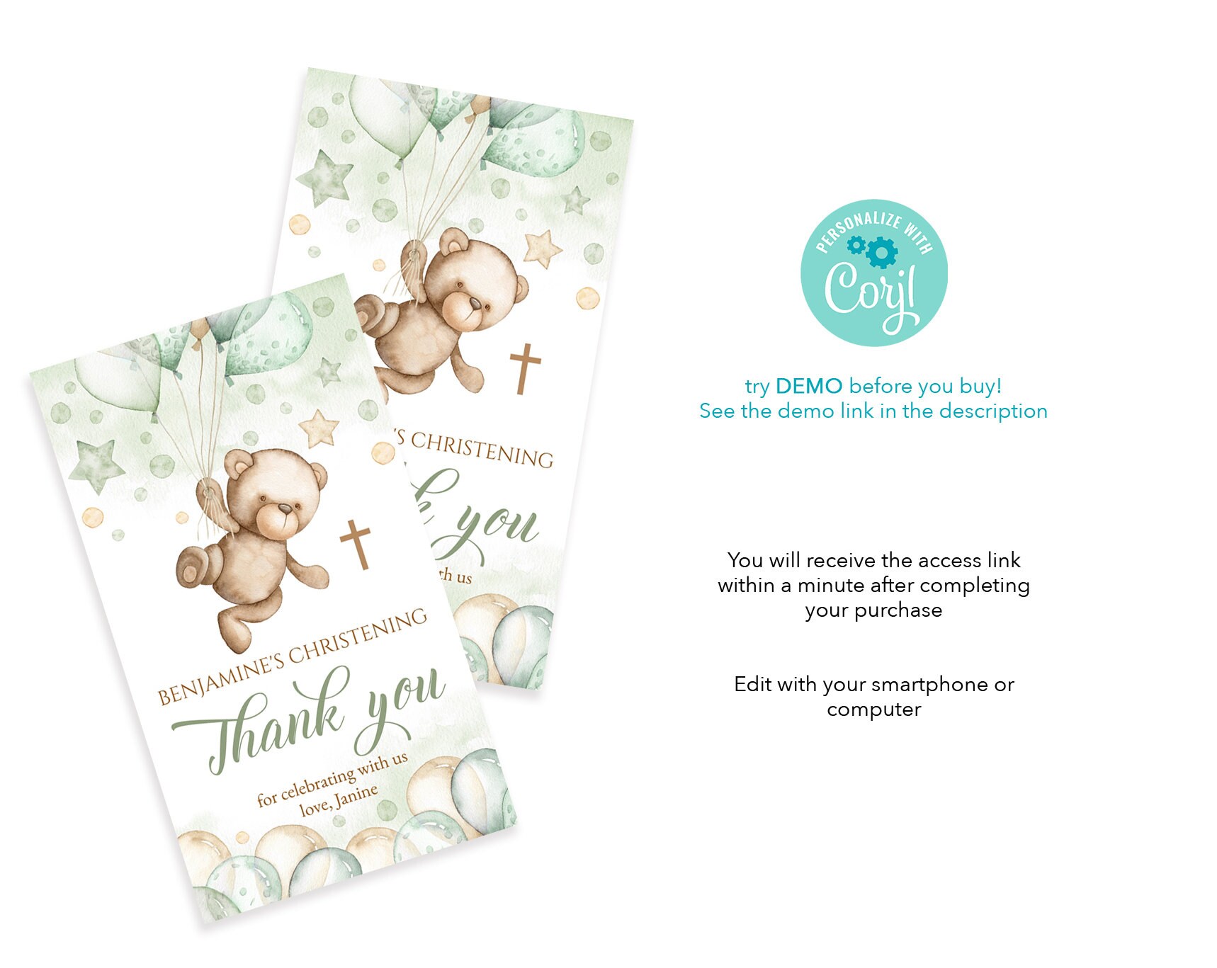 Editable Digital Baptism Thank You Tag. Sage Green Teddy Bear, Air ...