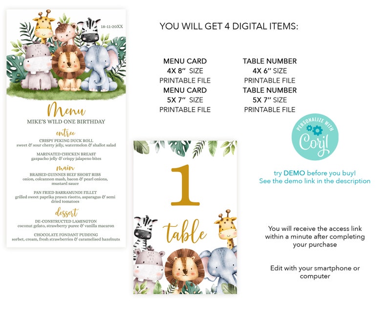 EDITABLE Digital Menu Card and Table Number. Wild ONE 1st Birthday ...