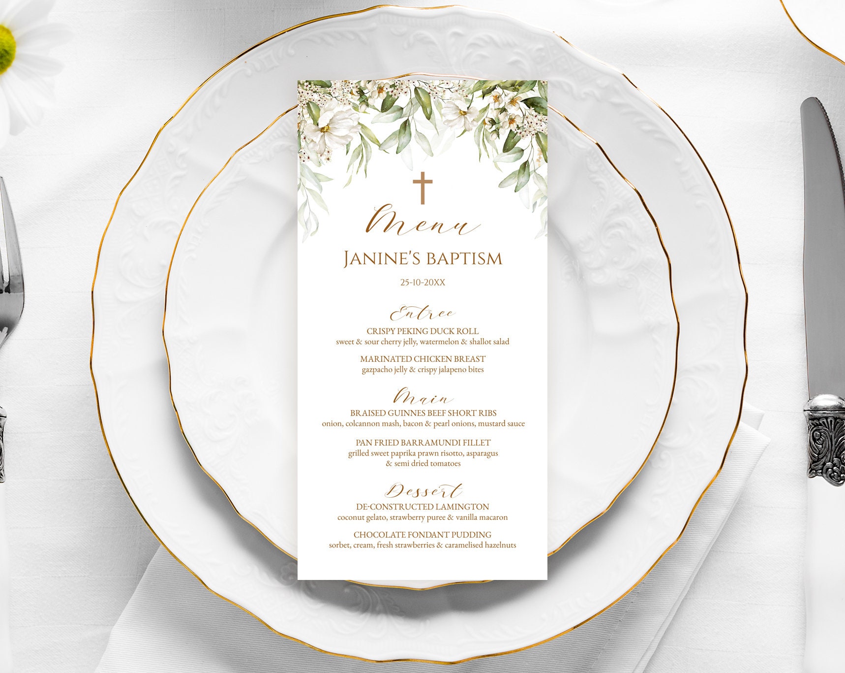 EDITABLE Menu Card and Table Number. Girl Baptism Green, White Flowers ...