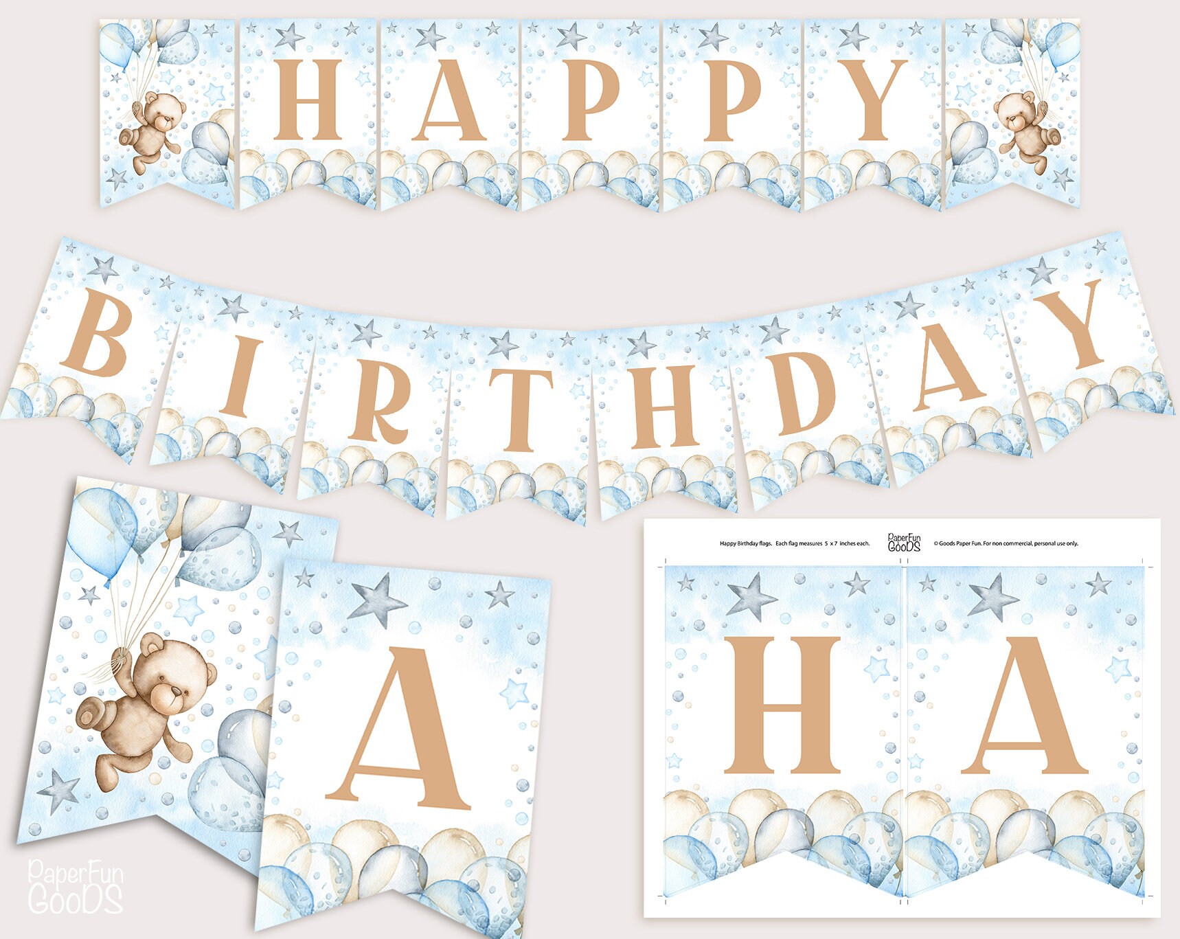 HAPPY BIRTHDAY Teddy Bear Banner. Printable Digital Party Decoration ...