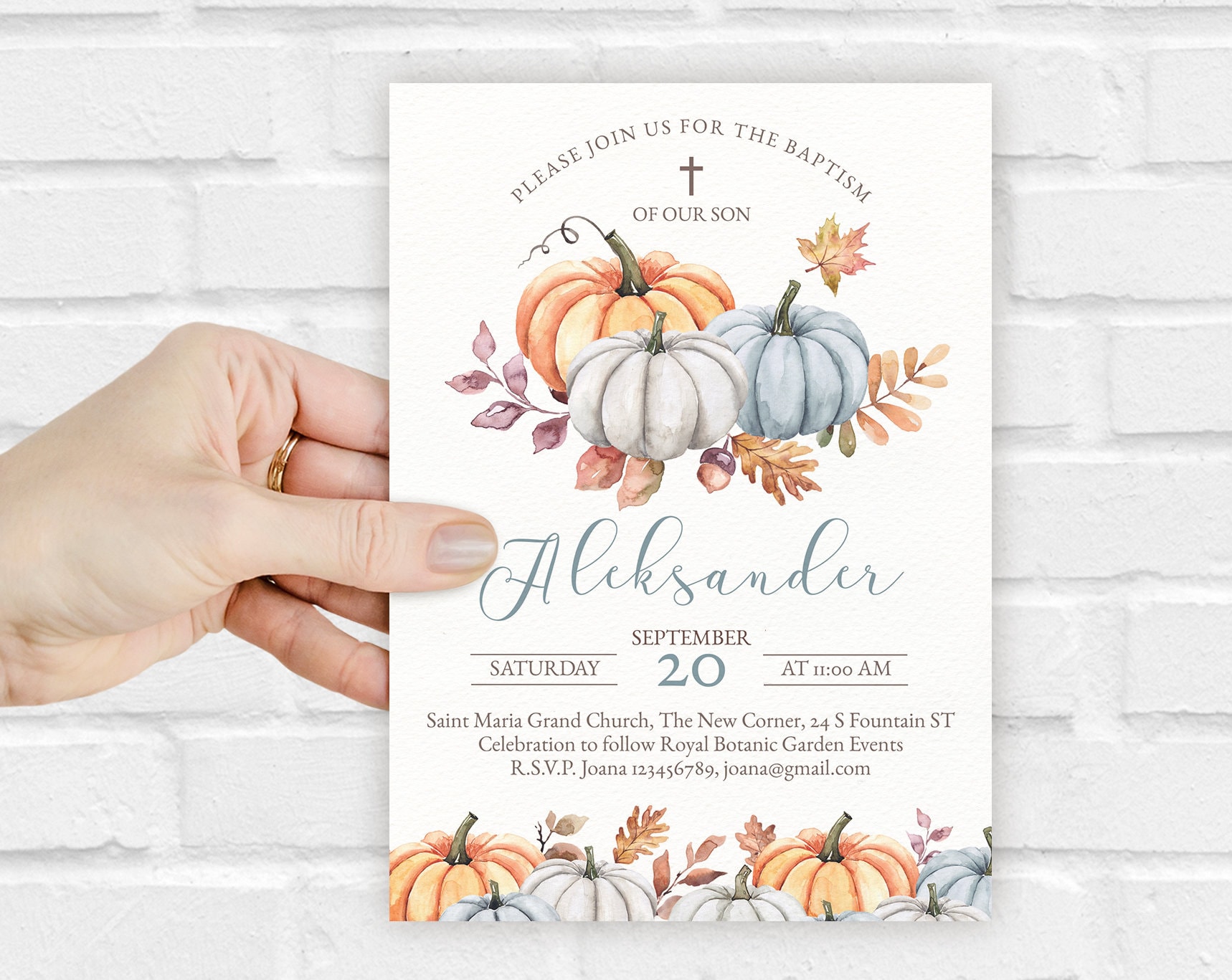 Editable Digital Baptism Invite/evite. Autumn, Fall Blue, Orange ...