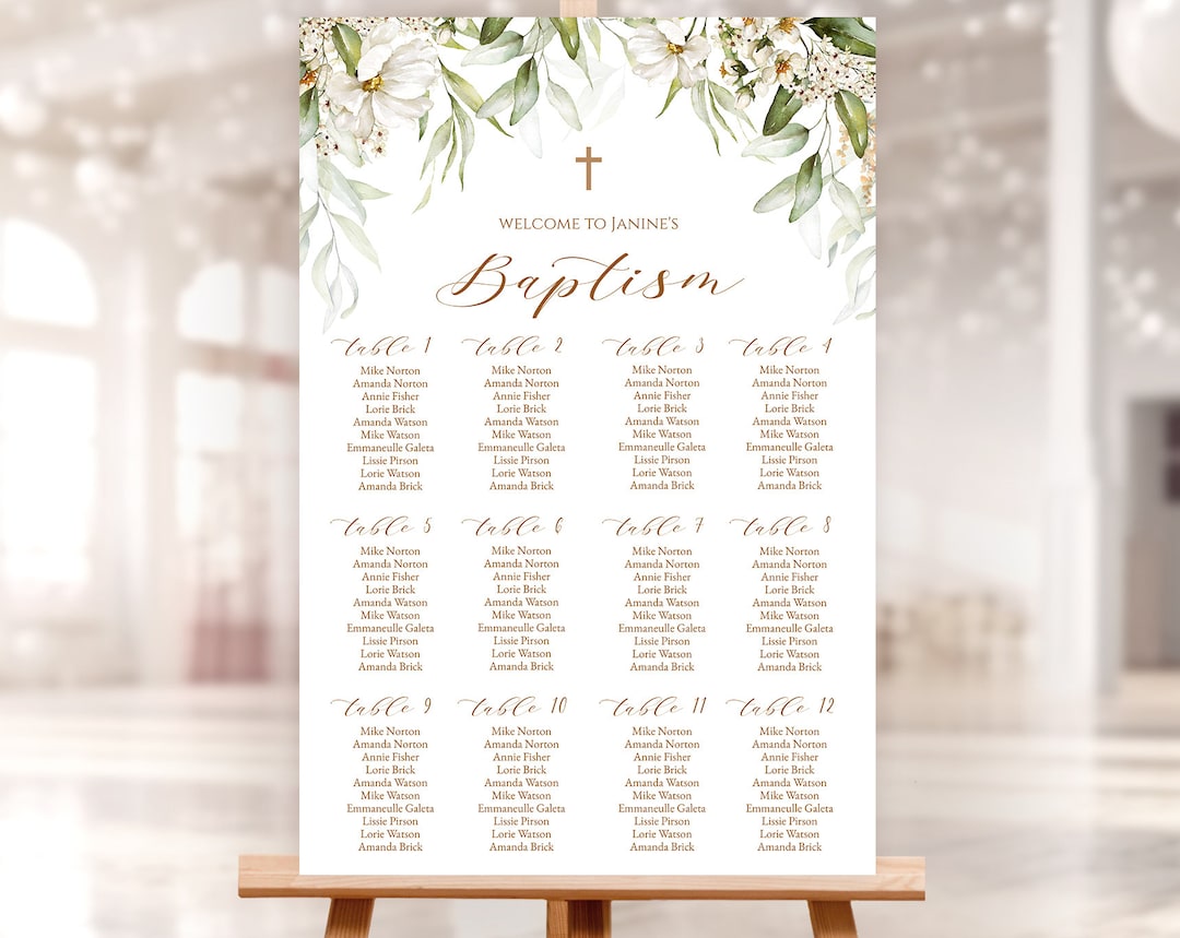 Editable Baptism Seating Chart. Green Floral, White Flowers ...