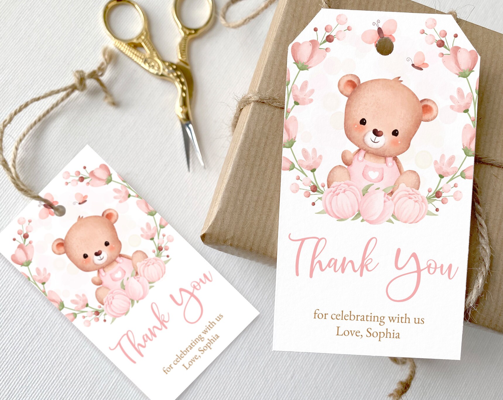 Editable Digital Teddy Bear Thank You Tag. Girl Baby Shower, Baby ...
